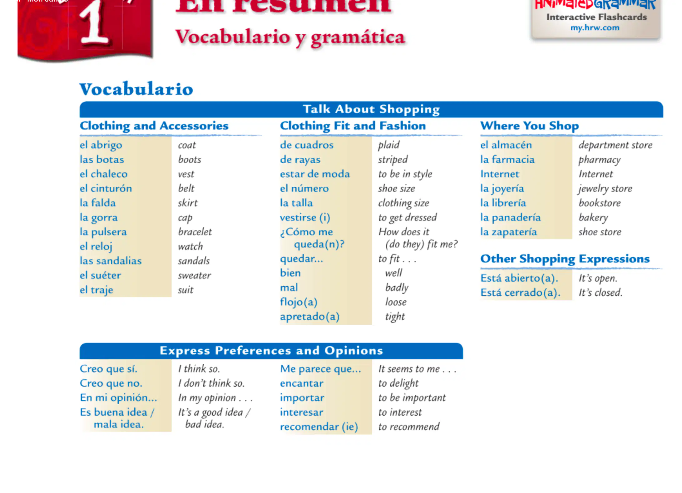 Avancemos 2, Unit 3 - Lesson 1 Vocabulary Quiz