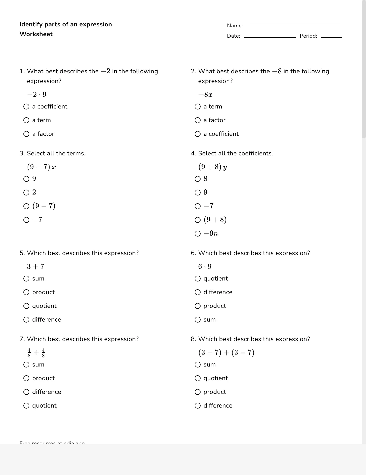 Identifying Parts of an Expression Quiz