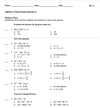 Algebra 1 Semester 2 Final 9th Grade Quiz | Quizizz