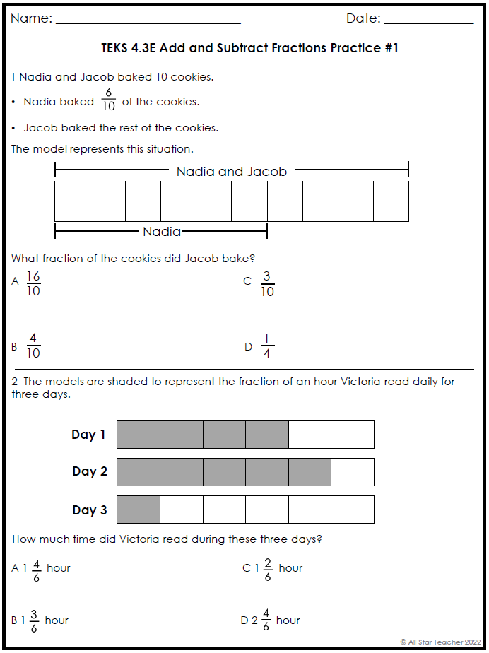 TEKS 4.3E Add and Subtract Fractions Practice #1 Quiz