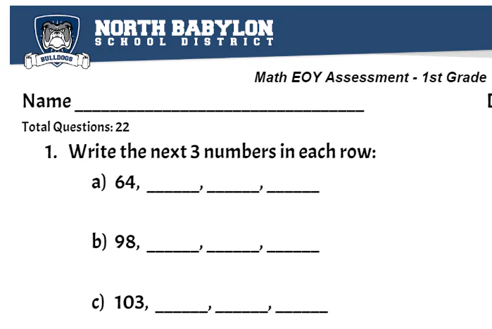 BOY 1st Grade Math Assessment Quiz