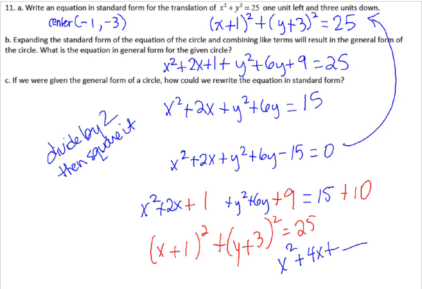 Equation of Circle Standard Form and Complete the Square Quiz