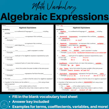 Algebra Expressions Vocabulary Quiz