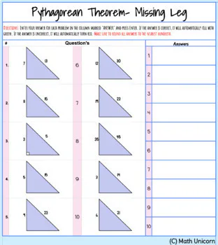 Pythagorean Theorem Missing Leg Quiz