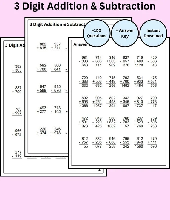 Three Digit Addition and Subtraction 3rd Grade Quiz | Wayground ...