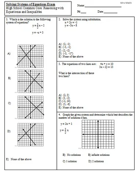 Systems of Equations Graphing, Substitution, Elimination Quiz