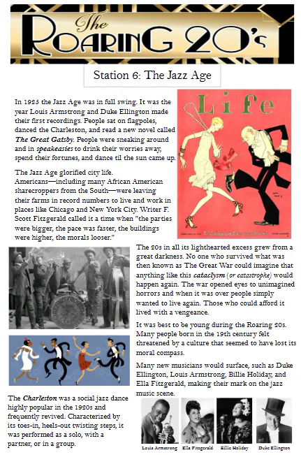 Roaring 20s--Station 6: The Jazz Age 6th Grade Passage | Quizizz