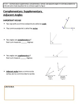 Angles Review; Complementary, Supplementary, Vertical, Adjacent 10th ...
