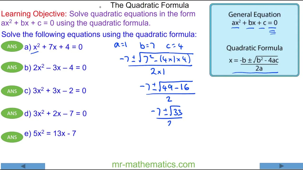Solving Quadratic Equations by Using the Quadratic Formula Quiz