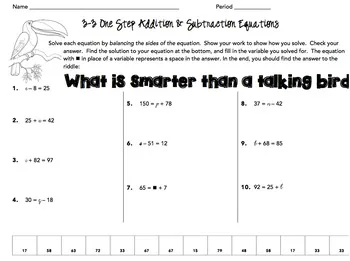 Solving One-Step Addition and Subtraction Equations 7th Grade Quiz ...