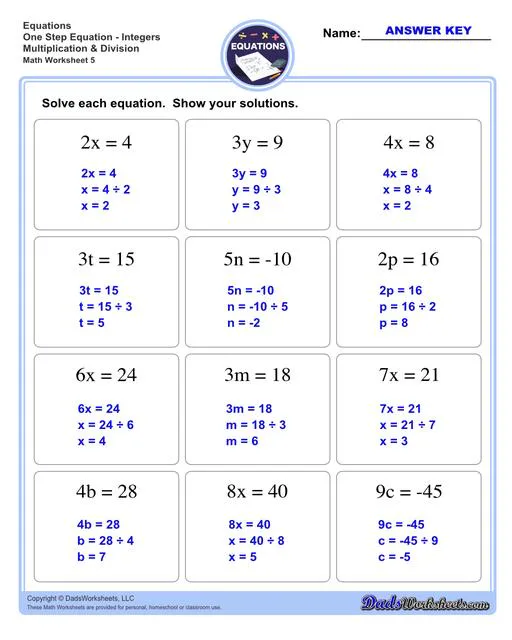 Adding, Subtracting, Multiplying, Dividing One Step Equations 7th Grade ...