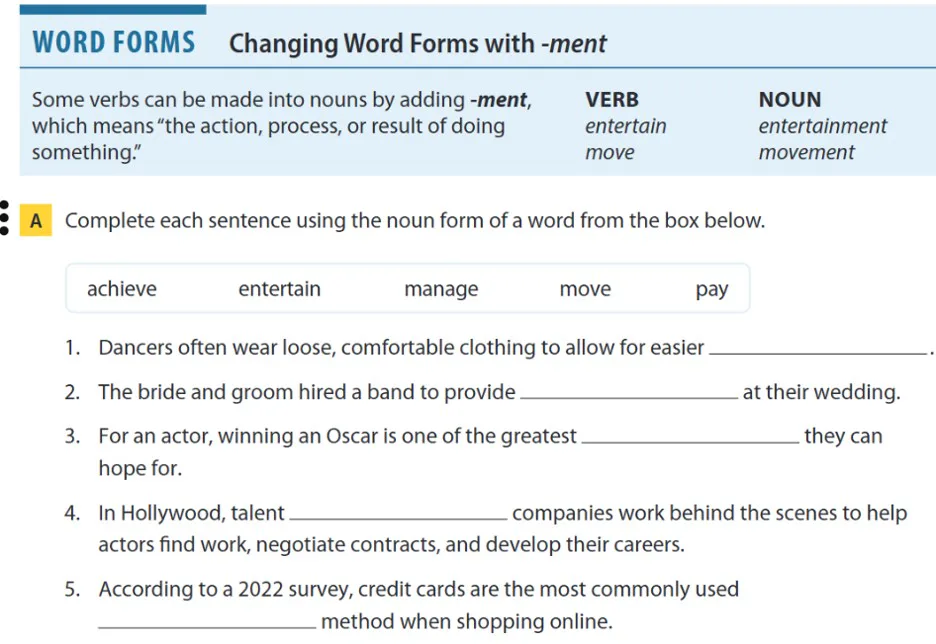 Unit 3 Word Transformation verb + suffix ment University Quiz ...