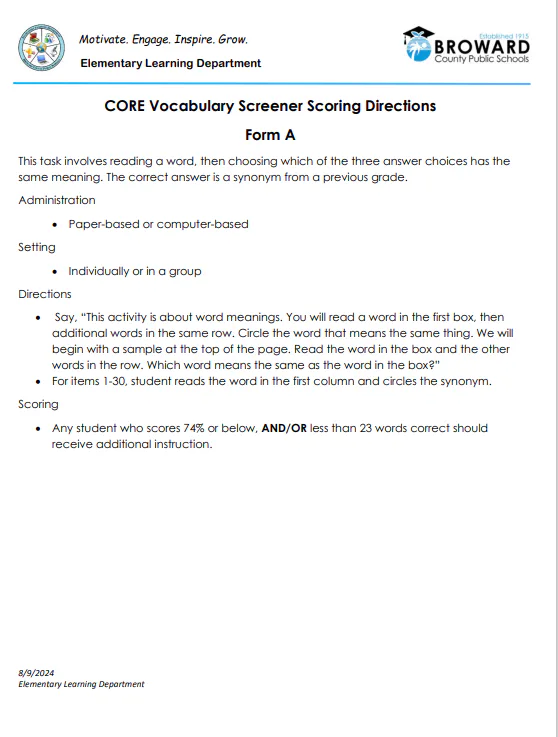 3rd Grade CORE Vocabulary Screener Scoring Directions Form A Quiz