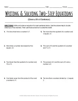 Solving and Writing Two-Step Equations Quiz