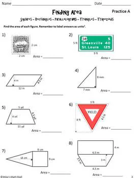 Area of Square, Rectangle, Triangle, and Trapezoids 6th Grade Quiz ...