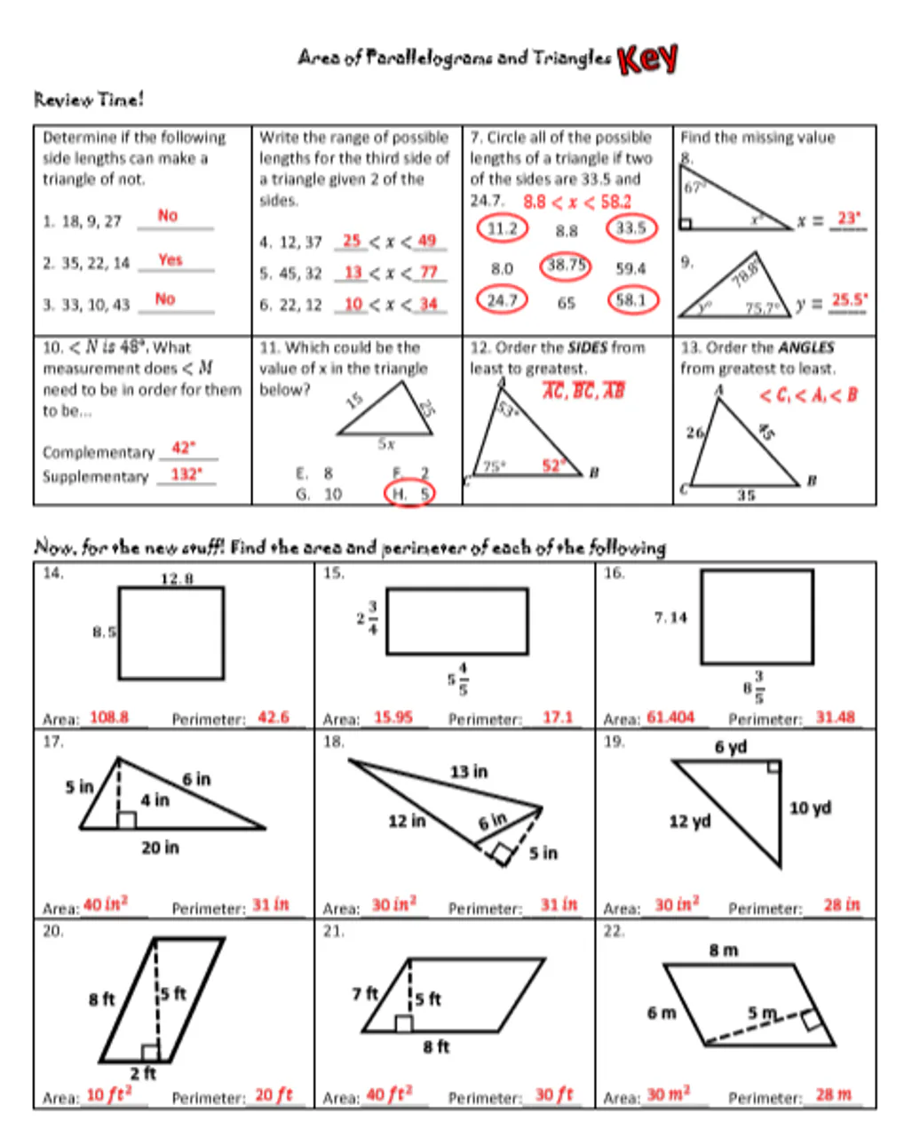 Area of Triangles Parallelograms and Triangles Quiz