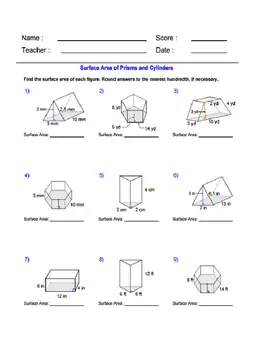Surface Area on Prisms and Cylinders Quiz