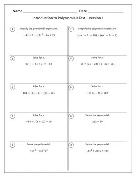 Polynomials Assessment Algebra Quiz
