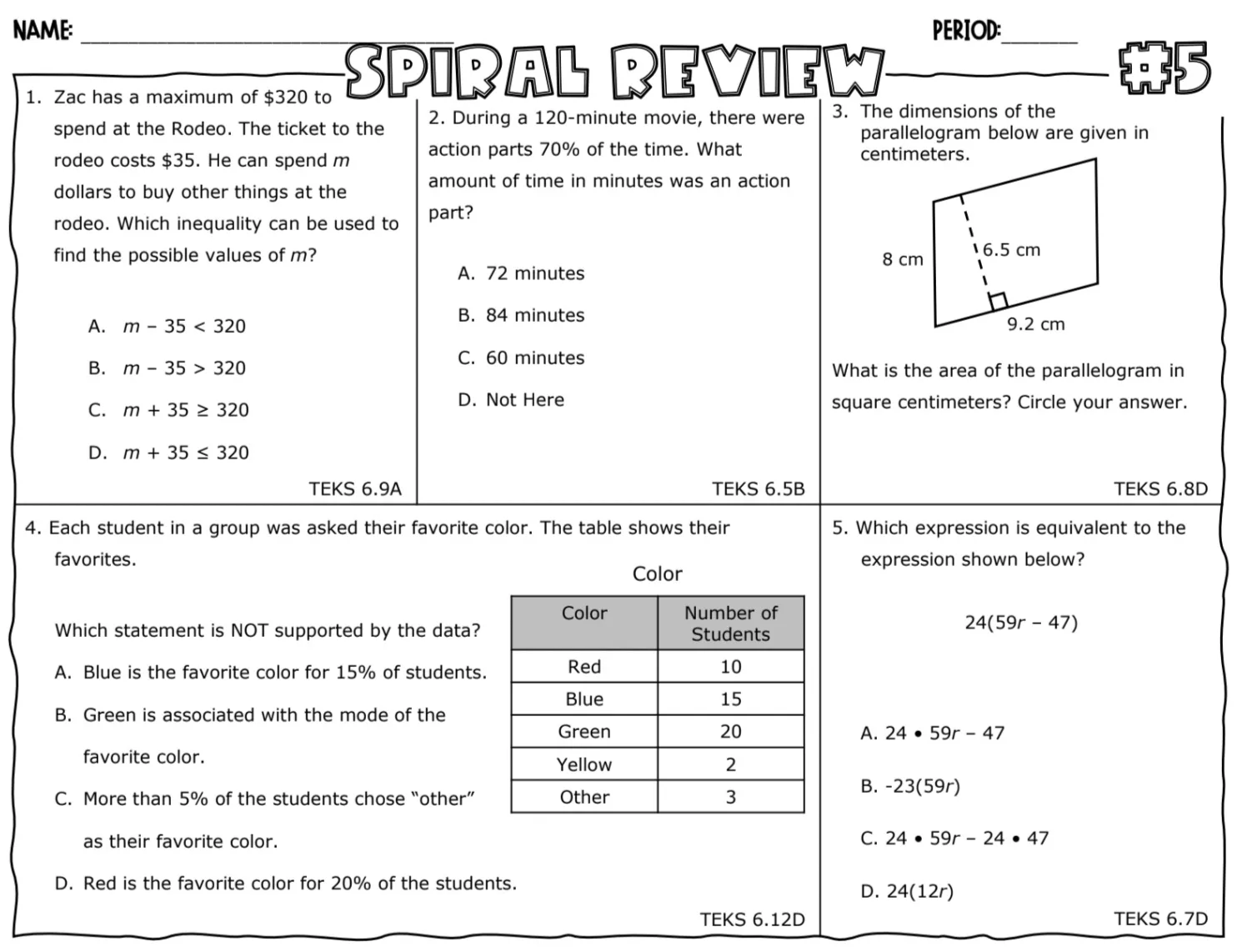 Spiral Review 5 6th Grade Quiz | Wayground (formerly Quizizz)